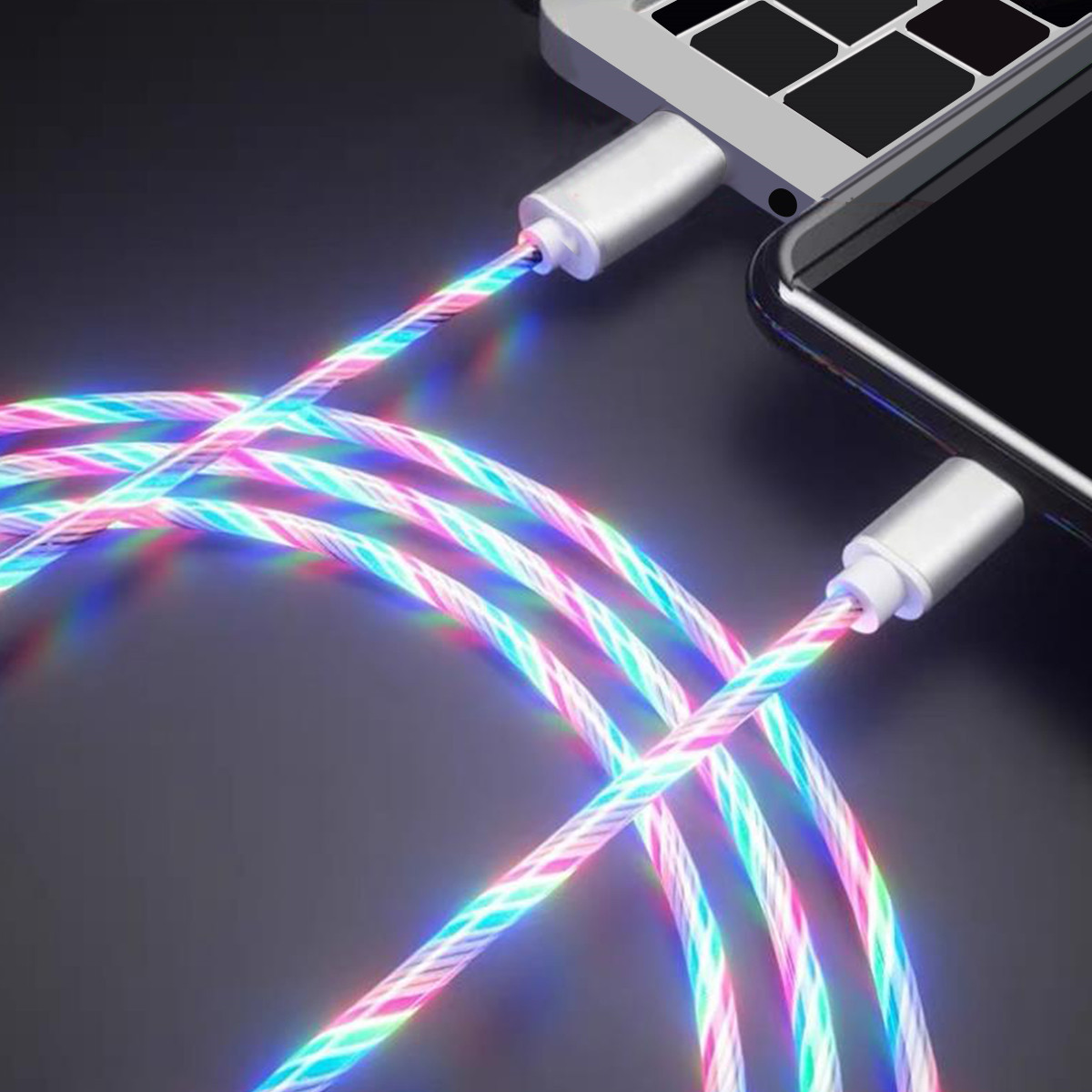 LED flowing Light Up USB Sync Type-C iPhone Charger Data Cable Charging ...