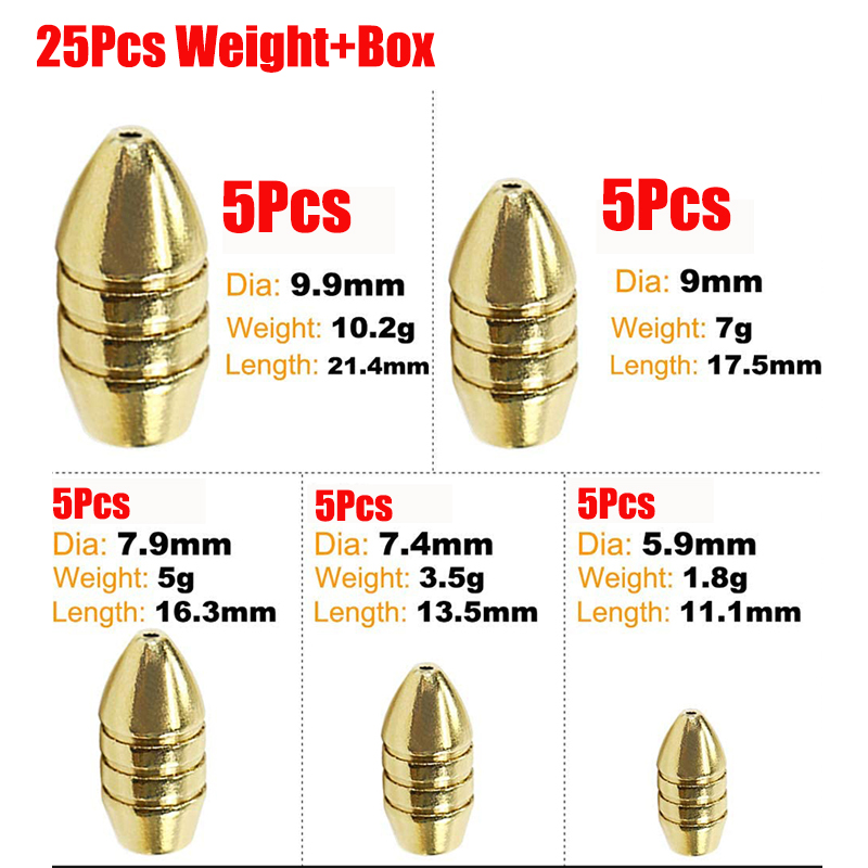 Multi Bullet Shape Gold Brass Fishing Sinkers Set Lures Weights Sinker ...
