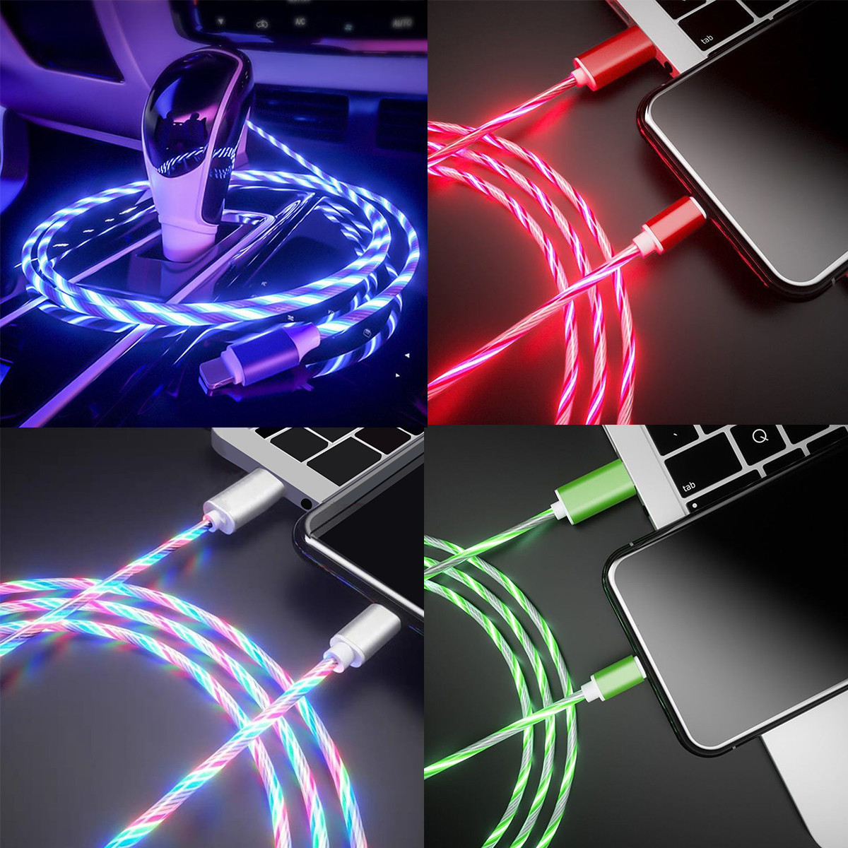 LED flowing Light Up USB Sync Type-C iPhone Charger Data Cable Charging ...